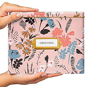 Jot & Mark Greeting Card Organizer Box Set | Decorative Recipe Tin Box, Tab Dividers, Matching Greeting Cards and Envelopes (Meadow)