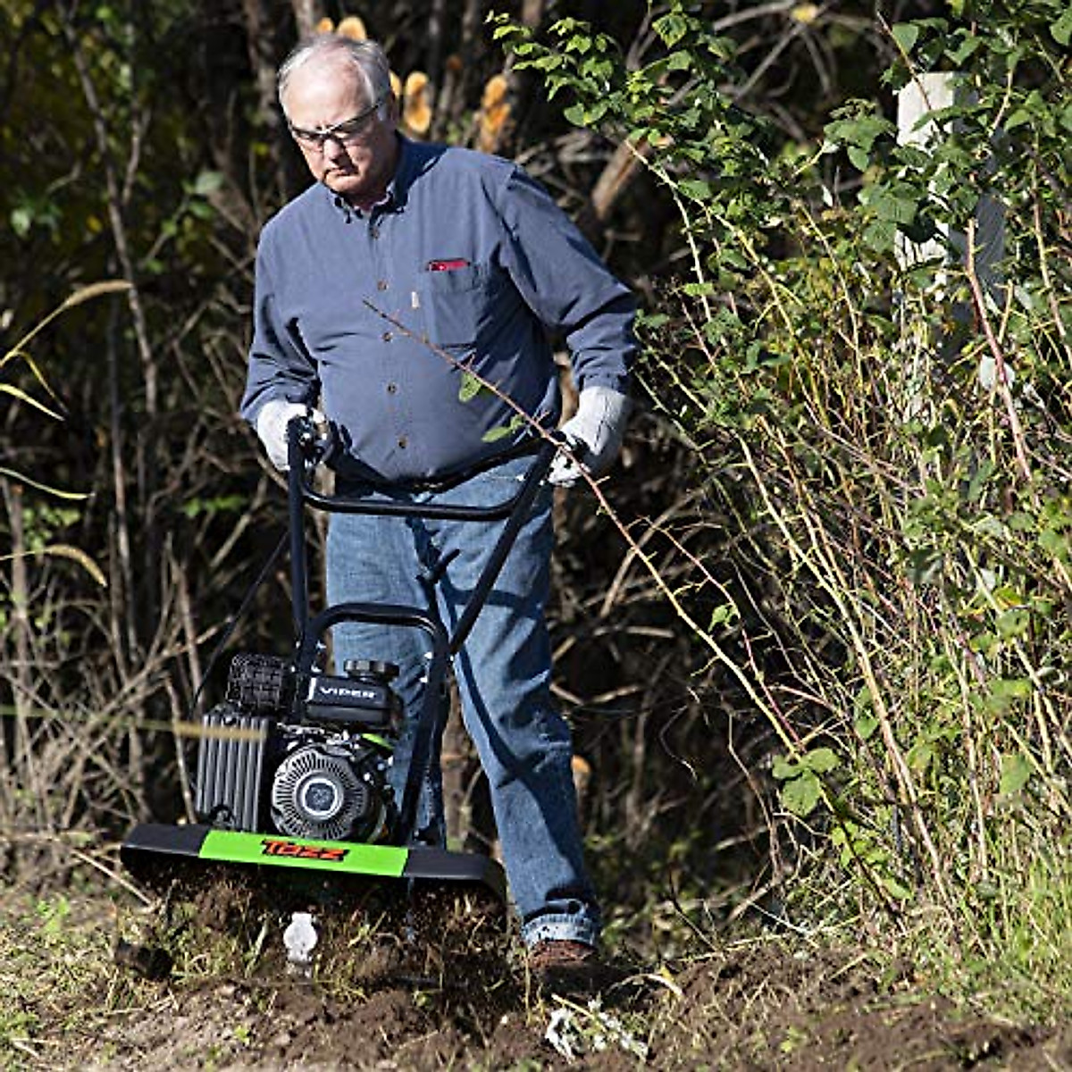 Tazz 35310 2-in-1 Front Tine Tiller/Cultivator, 79cc 4-Cycle Viper Engine, Gear Drive Transmission, Forged Steel Tines, Multiple Tilling Widths of 11”, 16” & 21”, Toolless Removable Side Shields,Green