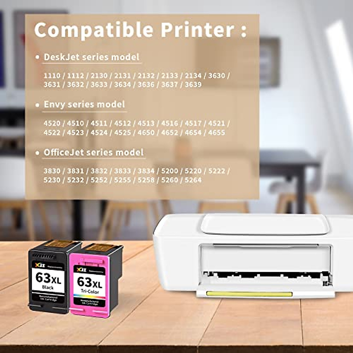 XJI 63XL Remanufactured Ink Cartridges Replacement for HP Ink 63 XL Black and Tri-Color Combo Pack, for OfficeJet 3830 3833 5255 5258 5260 Envy 4510 4520 4650 DeskJet 1112 2132 3630 3634 3639 Printer