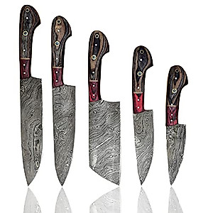 Hand Forged Chef Knives Kitchen Set Damascus Steel Knives Handmade Knife Set,Professional Chef Knives Set Vegetable Meat Cooking Knife Tools Accessories with Beige Solid Wood Handle,5 Pieces Set Knife