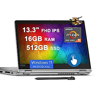 Lenovo ThinkPad L13 Yoga Gen2 2-in-1 Laptop 13.3" FHD IPS Touchscreen AMD 6-Core Ryzen 5 PRO 5650U (>i7-1165G7) 16GB RAM 512GB SSD Fingerprint USB-C Long Battery Life Pen Win11Pro Silver + HDMI Cable