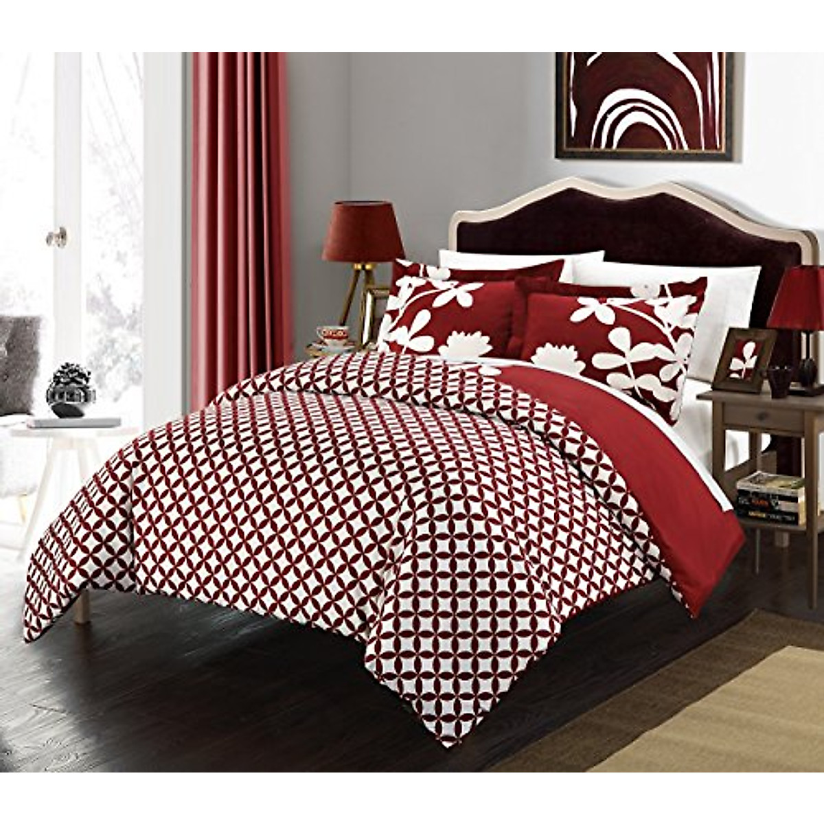 Chic Home 3 Piece Calla Lily Reverse Duvet Cover Set Queen Red