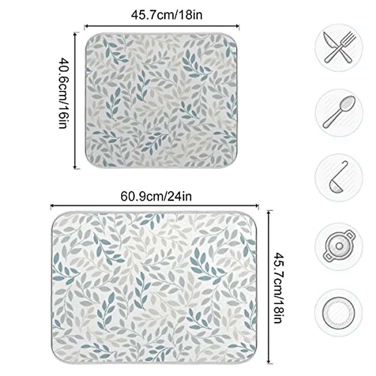 Grey and Blue Leaves branches Dish Drying Mat 16x18 for Kitchen Gray Leaves Botanical Spring Flowers Dishes Pad Dish Drainer Rack Mats Absorbent Fast Dry Kitchen Accessories