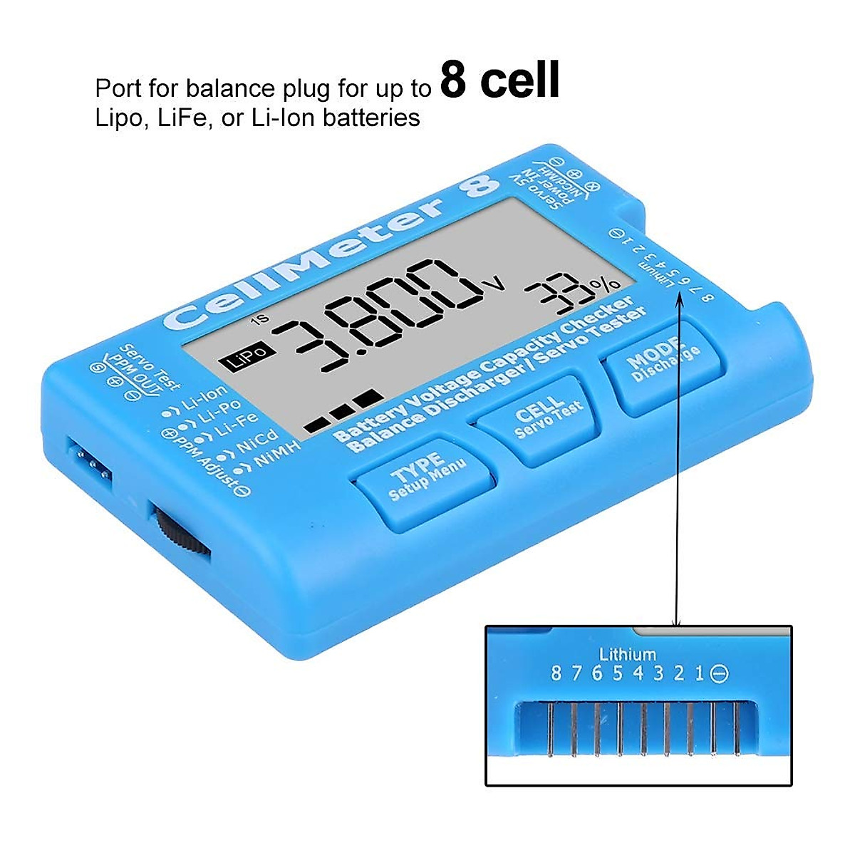 RC CellMeter 8 Digital Capacity Checker Voltage Tester LCD Backlight for Life Li-ion NiMH Nicd