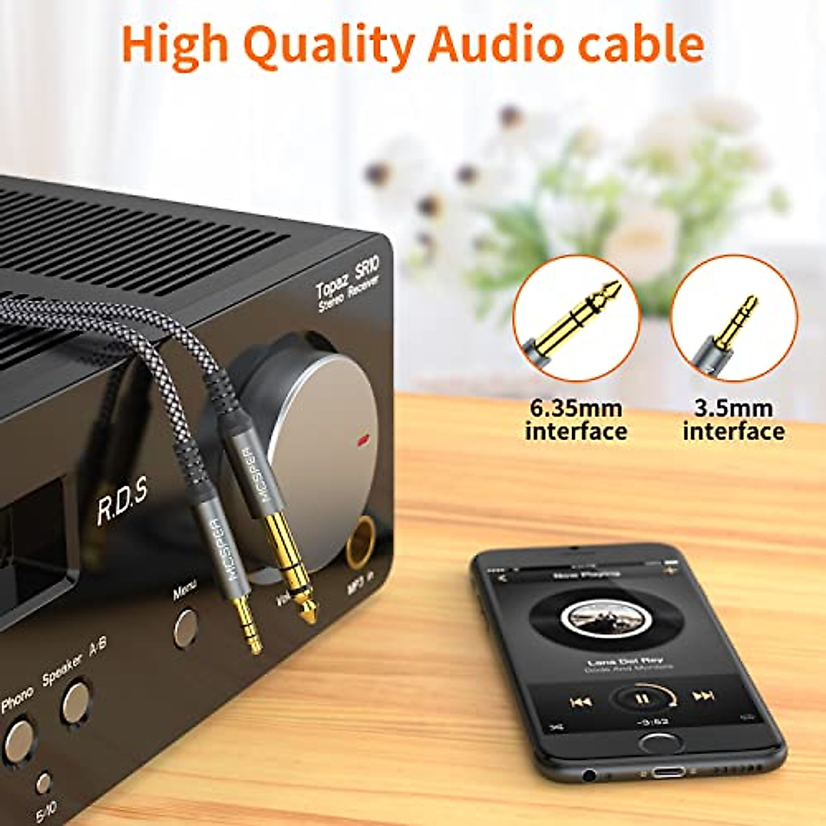 2-Pack 3.5mm to 6.35mm Stereo Audio Cable,(6.6FT) 1/4" Male to 1/8" Male TRS Bidirectional Cord Jack for Speaker and Amplifiers Guitar, iPod, Laptop, Home Theater Devices