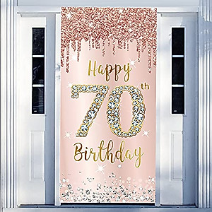 70th Birthday Door Banner Decorations for Women, Pink Rose Gold Happy 70th Birthday Door Cover Backdrop Party Supplies, Large Seventy Year Old Birthday Poster Sign Decor