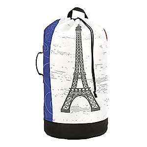 Eiffel Tower On France Flag Laundry Backpack Bag with Drawstring Closure Waterproof Laundry Bag Laundry Hamper Clothes Storage for College Travel Laundromat Apartment