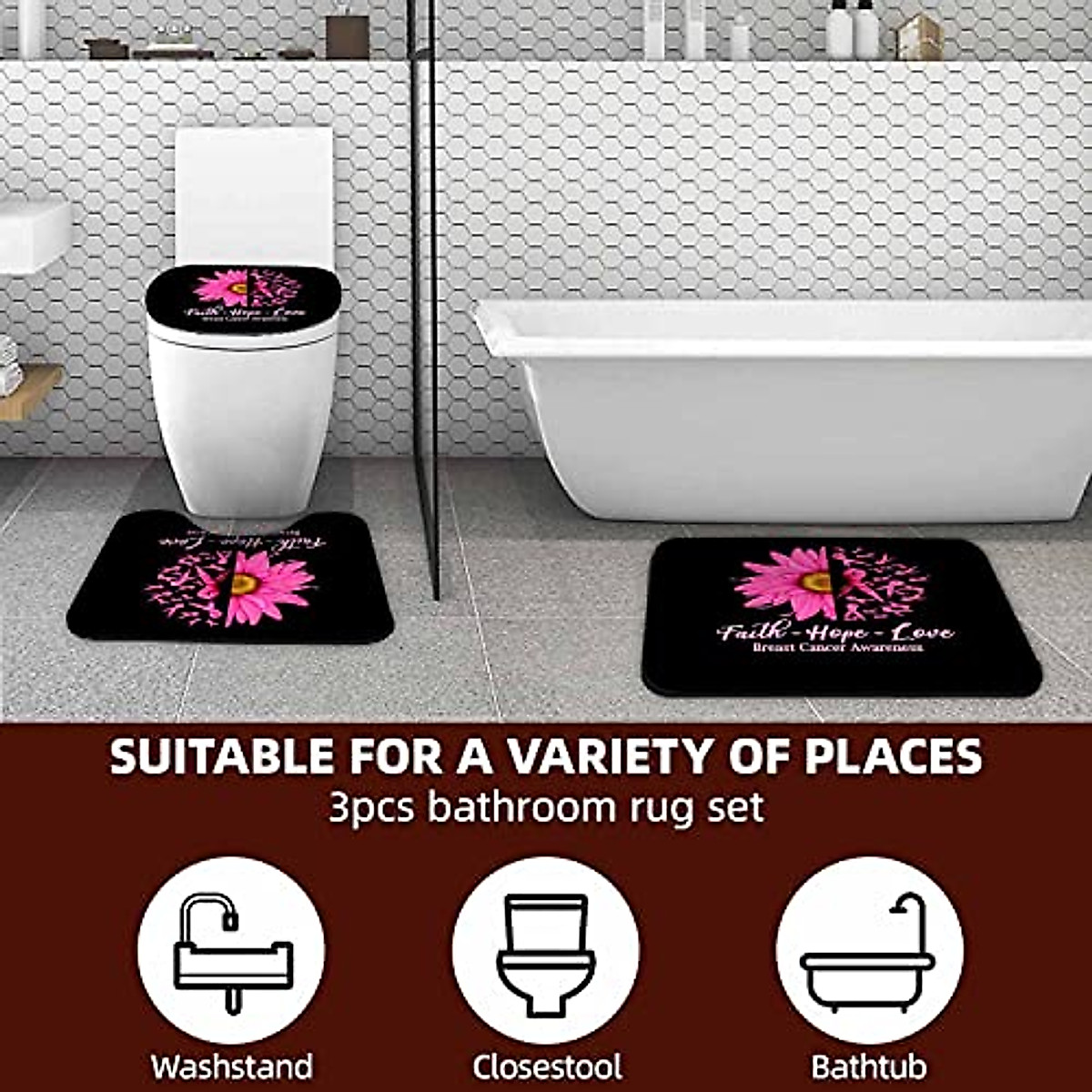 EARVO 4Pcs Breast Cancer Awareness Shower Curtain Curtain Set with Non-Slip Rugs, Toilet Lid Cover and Bath Mat, Pink Ribbon Bath Curtain 71x72 inches 12 Hooks SETYYEA22