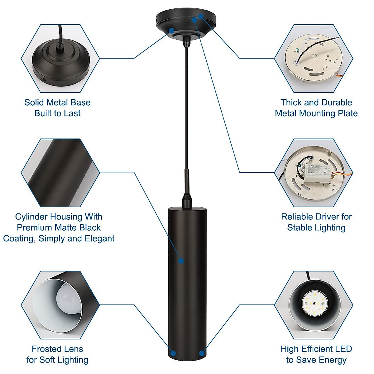 DAKASON Black Pendant Light, LED Modern Pendant Light Fixture for Kitchen Island, Industrial Pendant Lighting for Dining Room, Vintage chandelier to Decor Living Room, Hallway (1Pack)