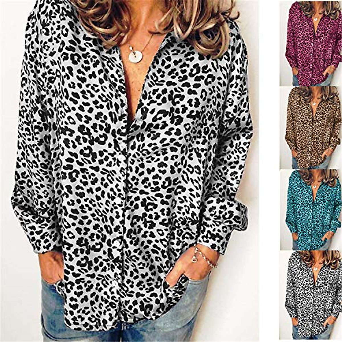 Andongnywell Women's Blouse Cheetah Print Loose Long Sleeve V-Neck Leopard Shirt Tops Blouse t Shirts (White,1,Small)