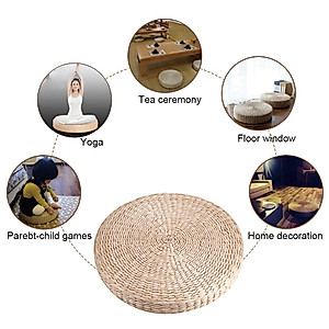 GOTOTOP Floor Seat Cushion, Woven Straw Yoga Meditation Cushion Round Pouf Tatami Yoga Seat Pillow Floor Mat Floor Pillow Sitting Cushion for Home Living Room Garden Dining Room Decoration