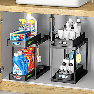 Under Sink Organizer and Storage, 2 Tier Under Sink Organizer with Sliding Pull Out Drawer for Kitchen Bathroom Cabinet Shelf Basket with 8 Hooks (2 Pack)
