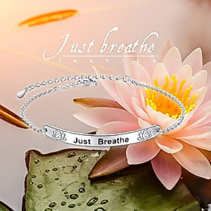 925 Sterling Silver Just Breathe Bracelet for Women for Anxiety Stress Relieving Lotus Flower Charm Bracelets for Lady Yoga Fans Inspirational Cuff Bangle Bracelets