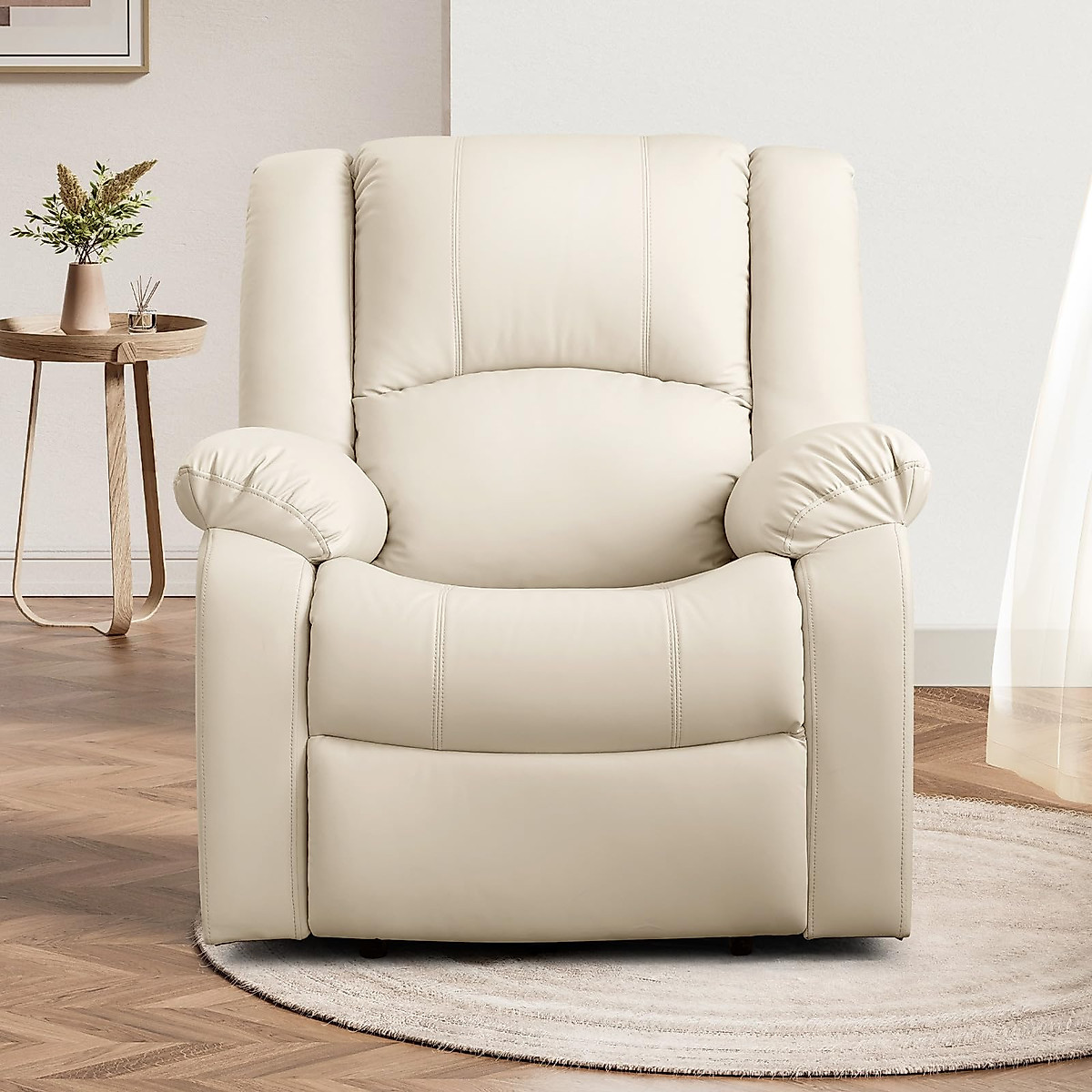 COOSLEEP Manual Recliner Chair, PU Leather Recliner Chair with Overstuffed Arm and Back, Soft Cushions, Recliner Chair for Adults, Single Sofa for Living Room(Beige)