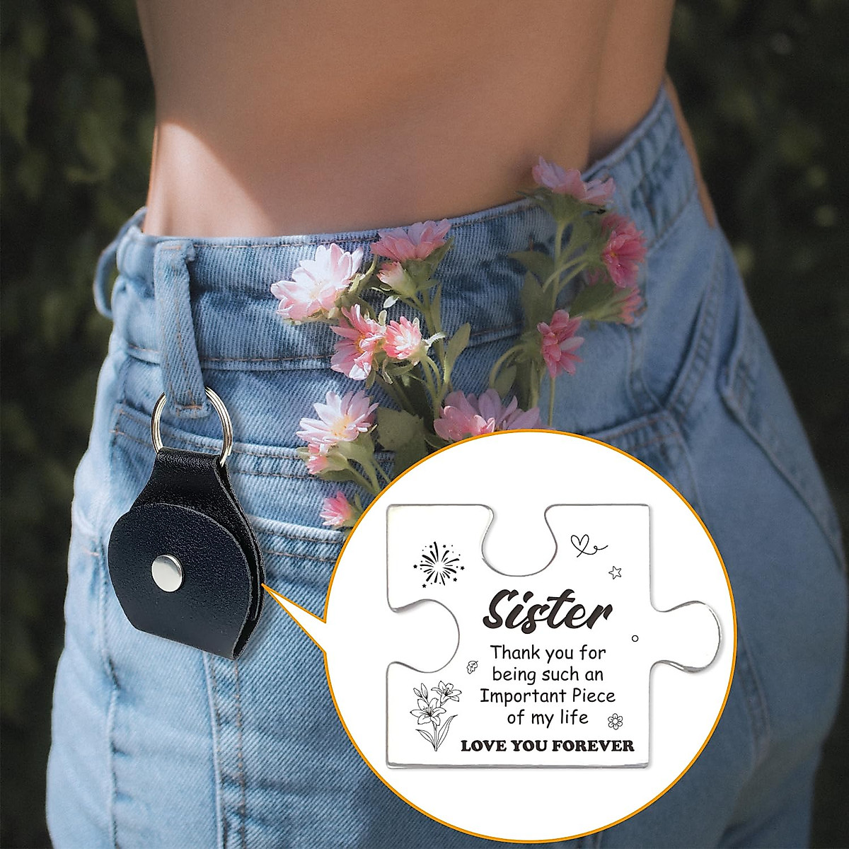 FTONENI Pocket Token Gifts for Sister Birthday Christmas Gifts from Sister Brother Long Distance Relationship Thank You Gifts Puzzle Piece Keepsake with PU Leather Keychain - PTA03
