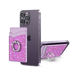 Anfauny MagSafe Phone Wallet - Leather Magnetic Cell Phone Wallet Card Holder with 360°Rotation Ring Phone Stand & RFID Blocking Compatible with iPhone 15/14/13/12 Series & MagSafe Cases - Purple