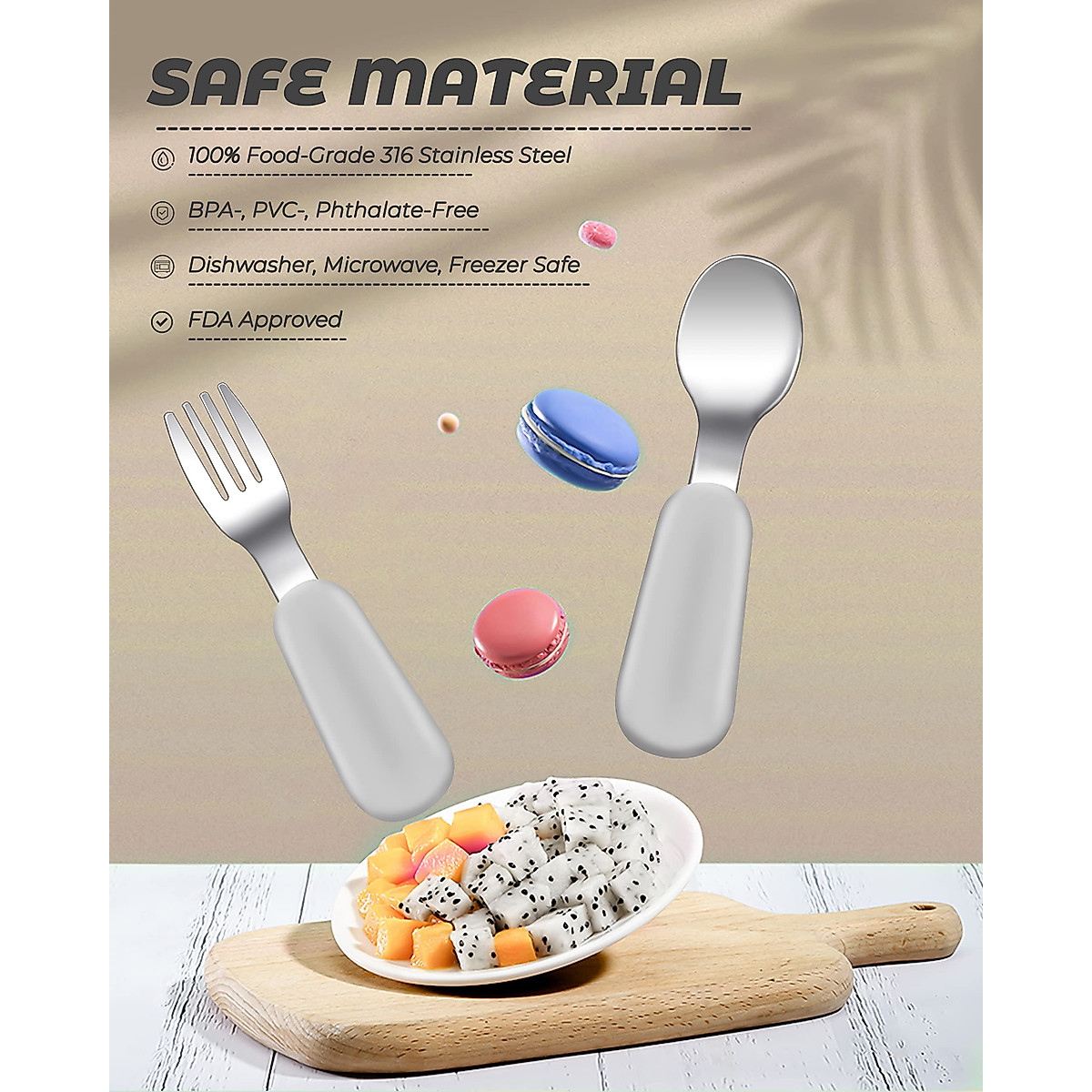 2 pcs Toddler Utensils, Stainless Steel Toddler Silverware Set with Round Handle, Baby Forks for Self Feeding, 1 Toddler Fork and 1 Toddler Spoon, BPA Free