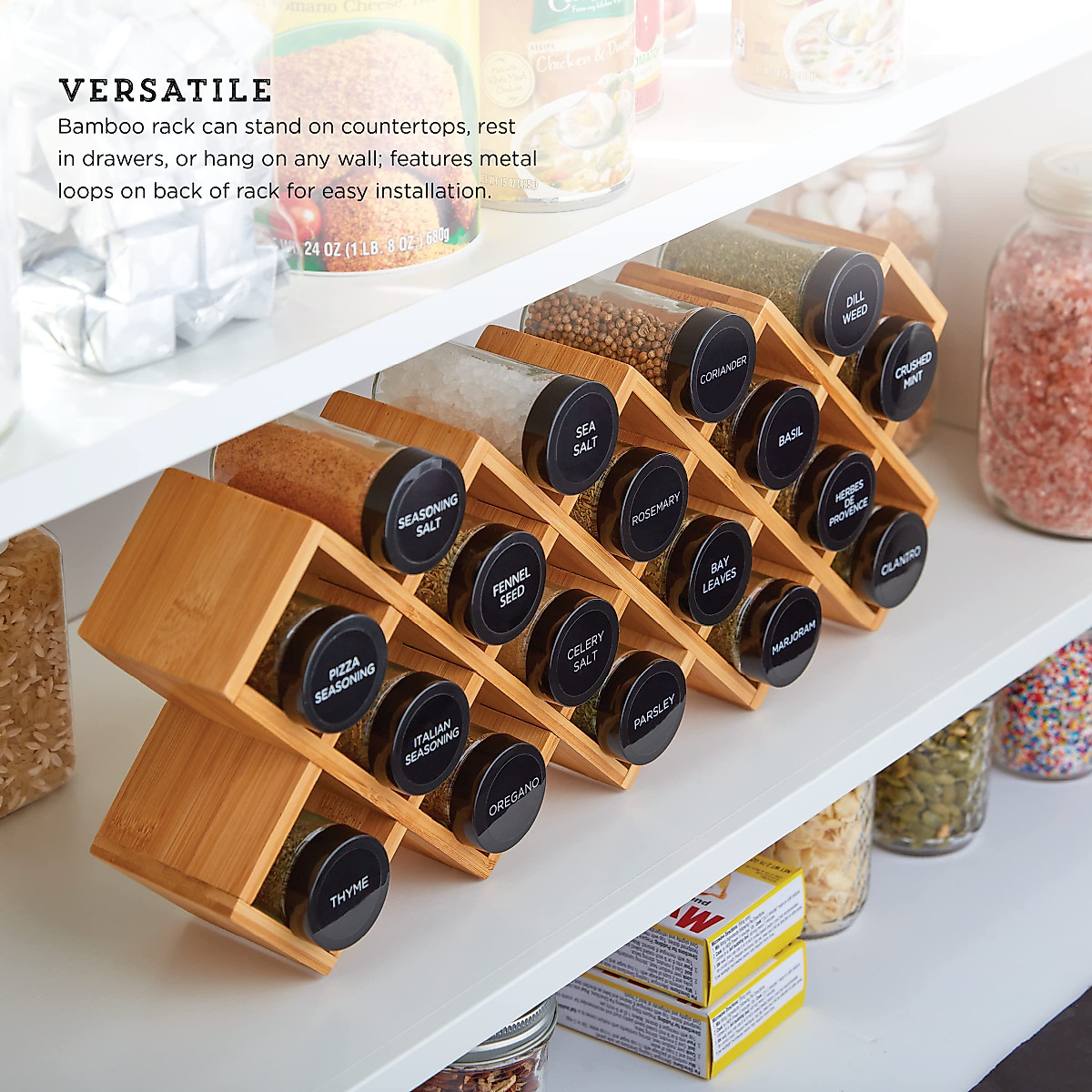 Kamenstein 18 Jar Criss-Cross 2-in-1 Spice Organizer for Countertop or Wall with Spices Included, FREE Spice Refills for 5 Years, Bamboo with Black Caps