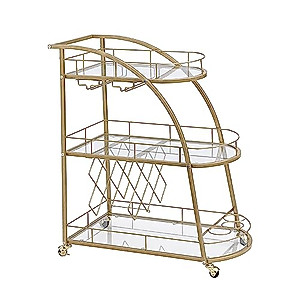 EDWINENE Bar Cart Gold, Metal Frame Home Bar Serving Cart, Wine Cart with 3 Mirrored Shelves, Wine Rack and Glass Holder for Kitchen, Dining Room, Party