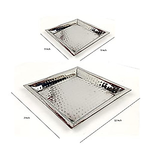 Hammered Copper Serving Tray and Platter, Stainless Steel Tray for Appetizer, Silver Serving Tray - Chrome Platters (Square)