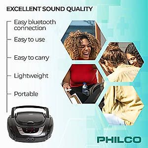Philco Portable Bluetooth Boombox with CD Player | CD Player is Compatible with MP3/WMA/CD-R/CD-RW CDs | AM FM Radio with Bluetooth | 3.5mm Aux Input | Stereo Sound | LED Display | AC/Battery Powered