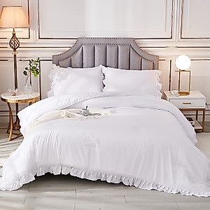 Andency White Comforters Queen Size, 3 Pieces Solid Shabby Chic Farmhouse Bedding Comforters & Sets, Lightweight Fluffy All Season Soft Down Alternative Bed Set for Women Men