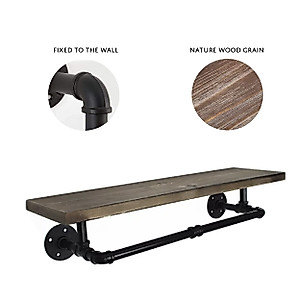 HomeDecoGoods Industrial Sturdy Retro Cast Iron Pipe Clothes Rack with Wood Shelves Wall Mounted Shelf Holder Stand for Livingroom, Restroom and House