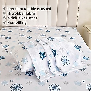 Mooreeke Christmas Holiday Full Sheets, Snowflake Printed Full Bed Sheet Set with Deep Pocket Non-Slip Fitted Winter Sheet