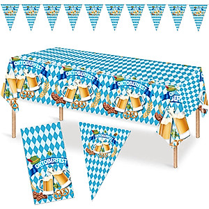 Oktoberfest Decorations Table Cloth Set, Octoberfest Blue White Diamonds Checkered Beer Party Rectangle Tablecloth Cover & Bavarian Pennant Banner Flag for Festival Themed Favors Supplies Gift Decor