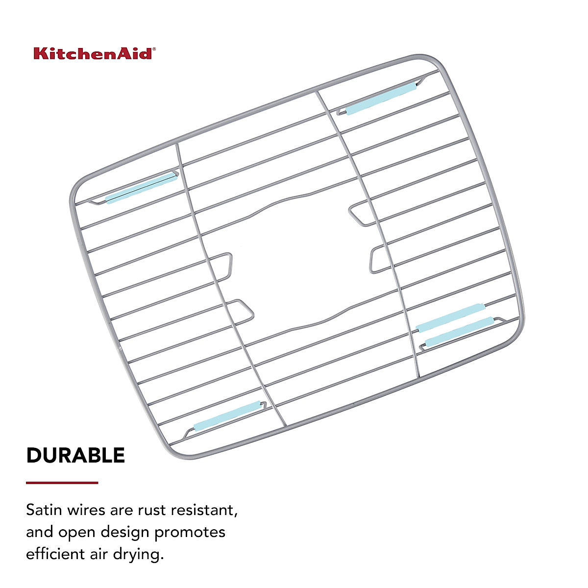 KitchenAid Rust Resistant Small Protector with Non Slip Feet and Center Opening for Sink Stopper and Quick Drying, 10.5 x 12.5 x 1.4 Inch, Mineral Water