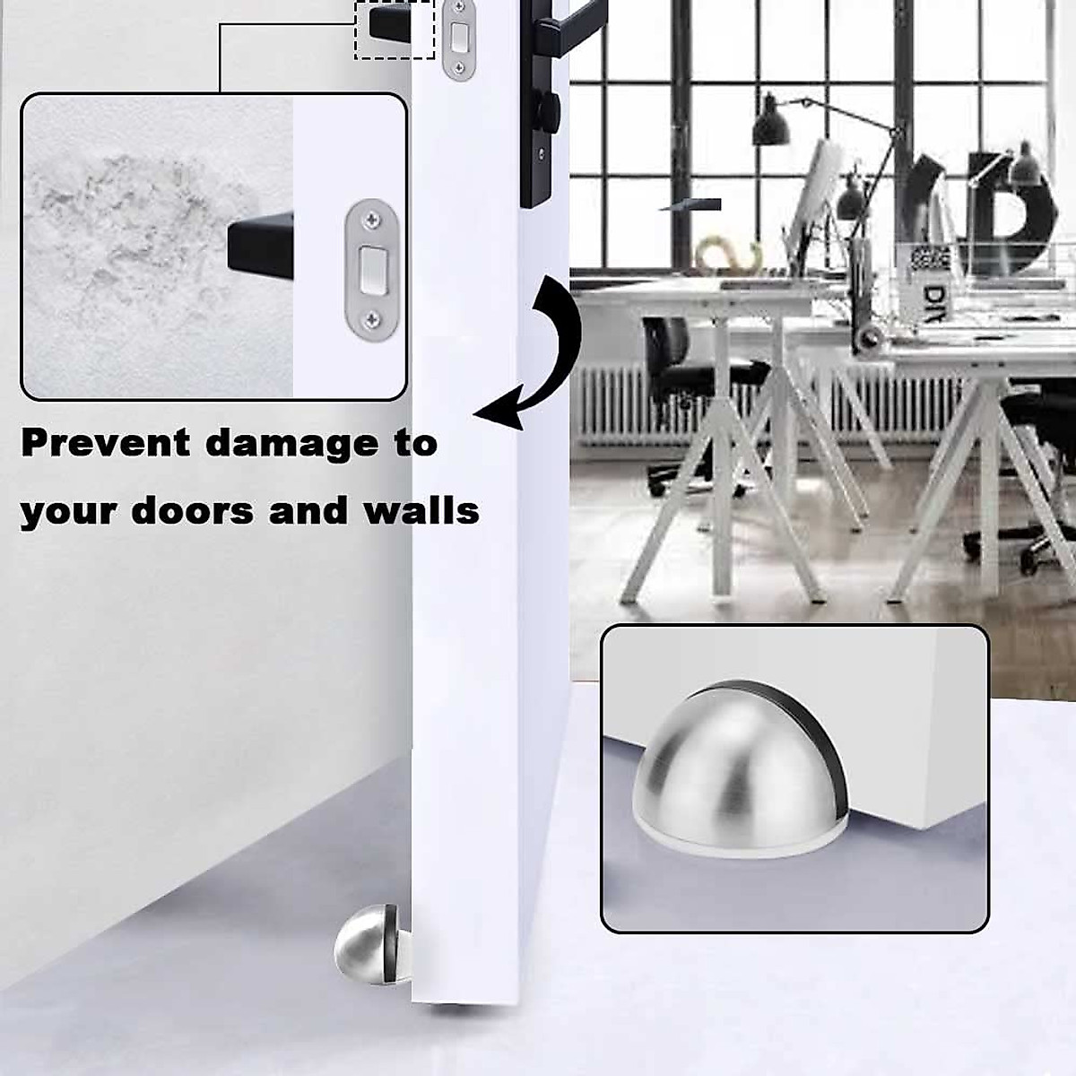 UELSTFLY 4 Pack Door Stoppers, Stainless Steel Half Dome Floor Door Stopper, 3M Adhesive Door Stoppers Wall Protector, No Drill Rubber Floor Door Stop for Living Room, Bedroom, Bathroom, Office