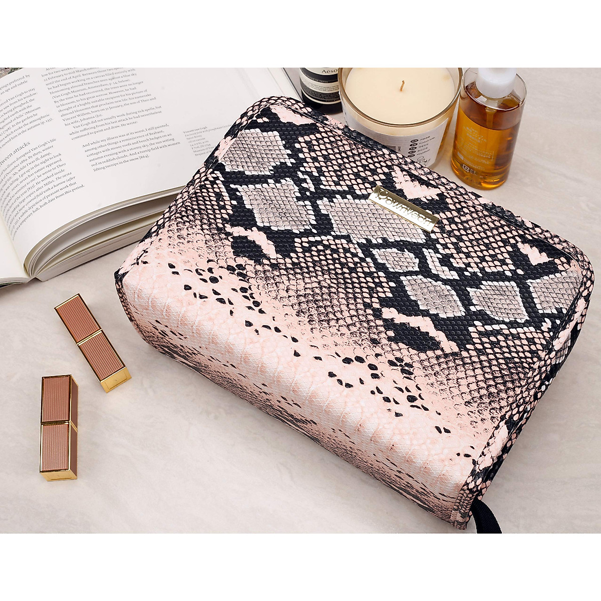 ROWNYEON Lipstick Organizer Bag Case Lipstick Holder 67 Slots Snake Print Portable Travel Makeup Bag Cosmetic Case Lipstick Carrying Case Makeup Storage Bag Case For Lip Gloss,Mascara-Pink PU Leather