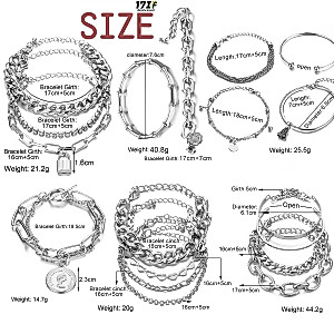 17IF 18 Pcs (6 Pack) Silver Bracelets Set for Women Boho Aesthetic Layered Stackable 14K Bangle Adjustable Cuff Grunge Italian Cuban Charm Chunky Simple Layering Bracelet Jewelry