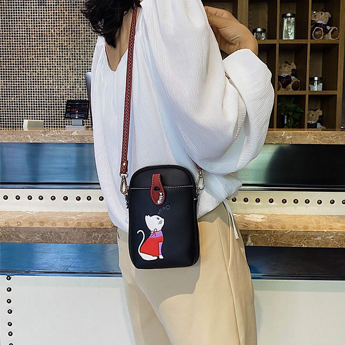 Small Crossbody Phone Bag for Women Leather Cute Cat Cellphone Purse Shoulder Bags PU Wallet (Black)