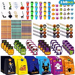 OCHIDO Halloween Party Favors for Kids-168pcs Stationery Gift Kit,Halloween Goodie Bags Fillers Bulk,Trick Or Treat , Halloween Bag,Pencil, Eraser, Notepad, Stamper, Sticker and Temporary Tattoos