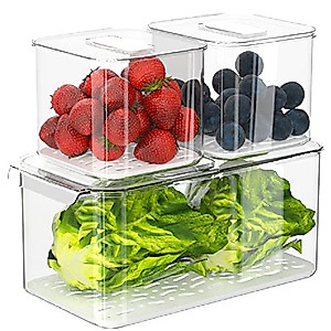 Benzoyl Refrigerator Organizer Bins Lettuce Keeper, Stackable Food Storage Bins Fridge Produce Saver with Removable Drain Tray, Keep Fresh Clear Containers for Berry, Fruits, Veggie -3 Pack