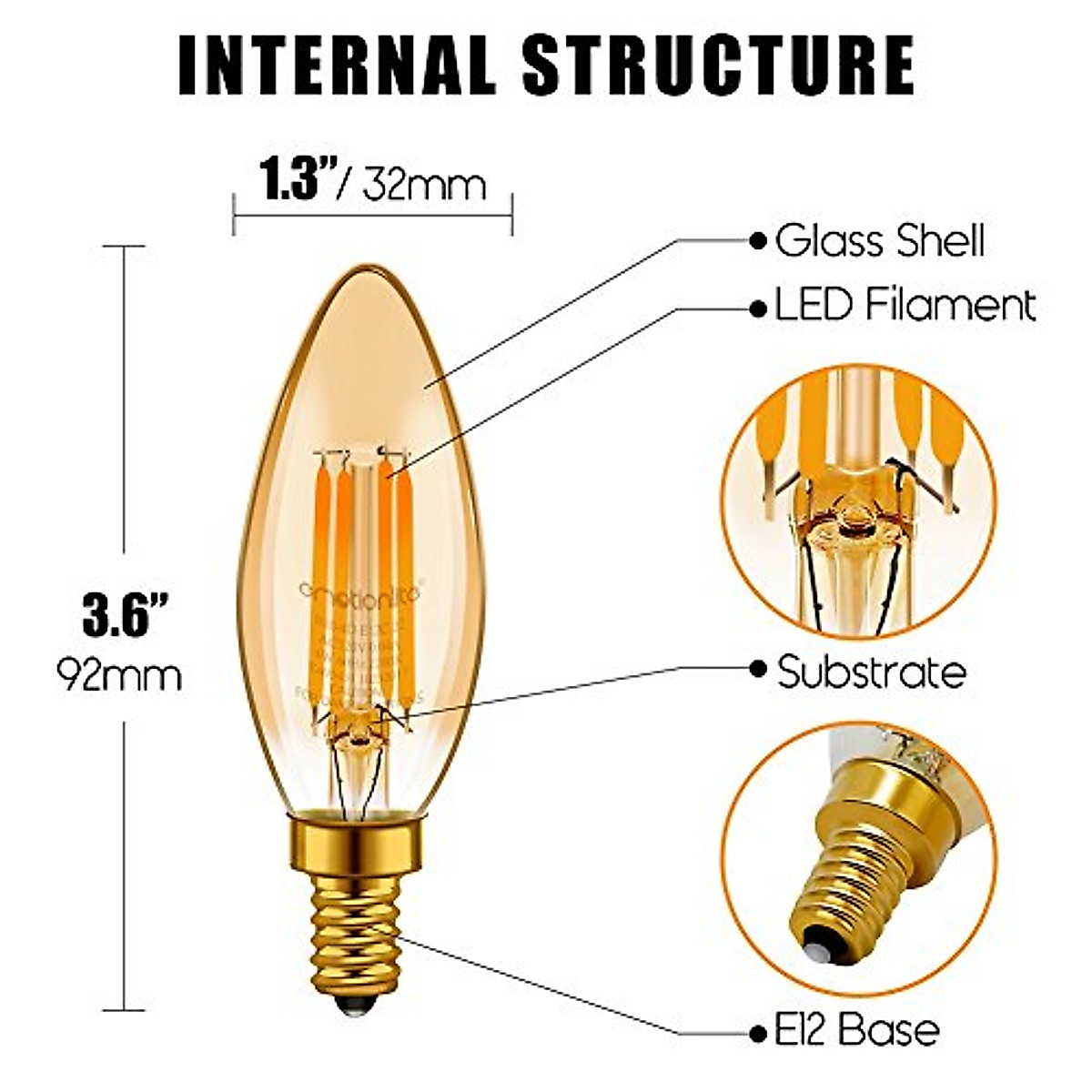 Emotionlite LED Light Bulbs, Dimmable Candelabra Bulbs, E12 Base, Amber Yellowish, Chandelier Light, Ceiling Fan Bulb, 40W Equivalent, 4W, 2200K, 350LM, UL Listed, 6 Pack