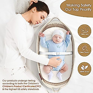 meloom Baby Changing Basket with Pads and Safety Belt, Thick Foam Pad with Wipeable Water-Resistant Pad Cover, Moses Basket Changing Table Topper Changing Pad
