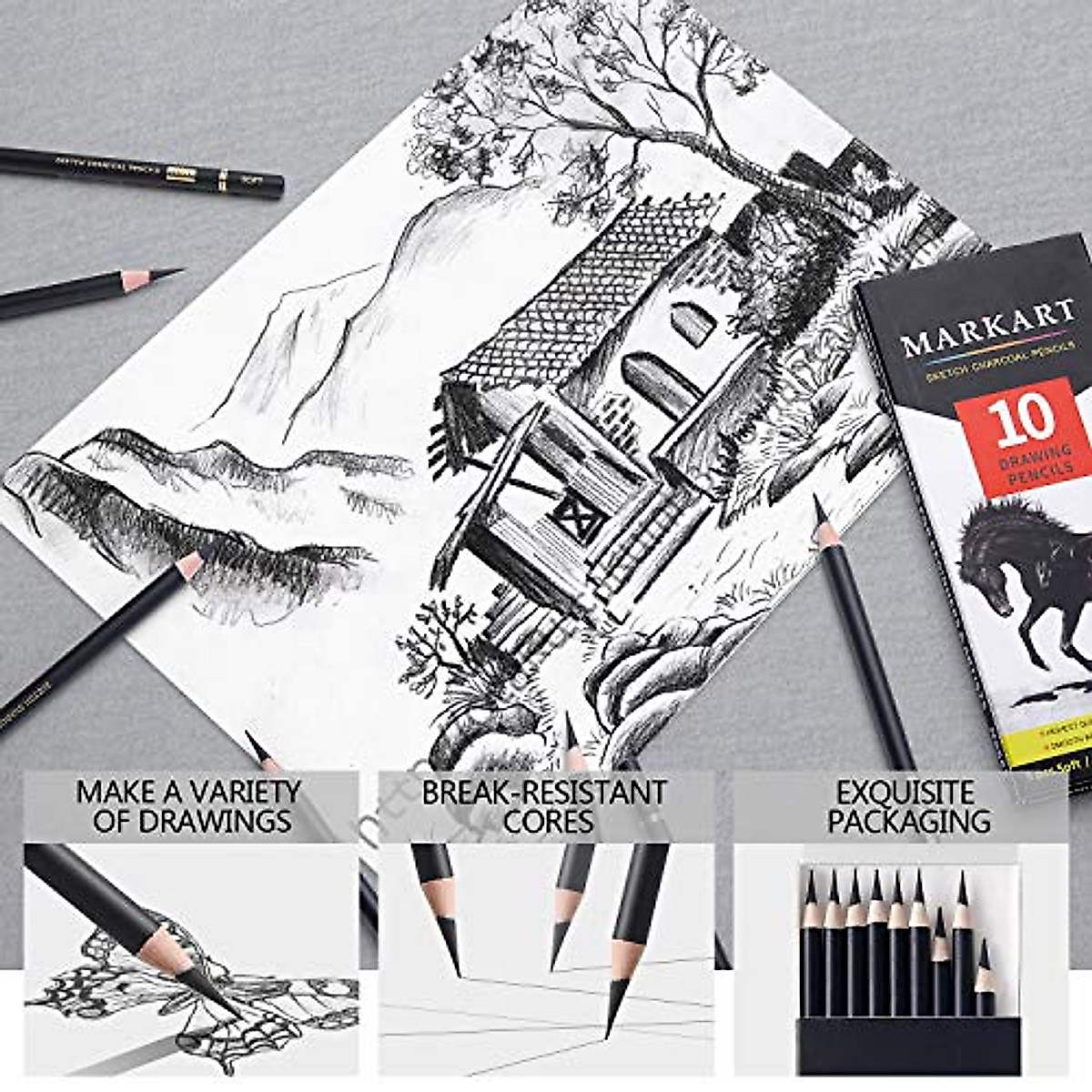 Professional Drawing Set - MARKART 10 Pieces Soft Medium and Hard Charcoal Pencils for Drawing, Sketching, Shading, Pencils for Beginners & Artists