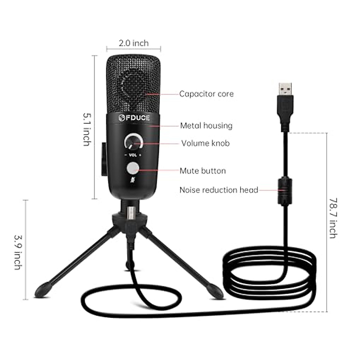 FDUCE USB Plug&Play Computer Microphone, Professional Studio PC Mic with Tripod for Gaming, Streaming, Podcast, Chatting, YouTube on Mac & Windows(Black)