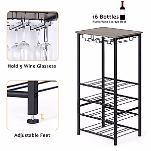 Wine Bottle Holder, Wine Rack Freestanding Floor with Glass Holder Rack, Wood Tabletop & 16 Bottles Holder, Wine Liquor Cabinet Bar for Home Kitchen, Dining Living Room, Gray Oak