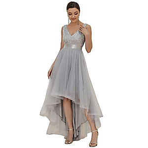 Ever-Pretty Women's Prom Dress Double V-Neck Sleeveless Empire Waist Sequin High Low Tulle Formal Dress Silver US6