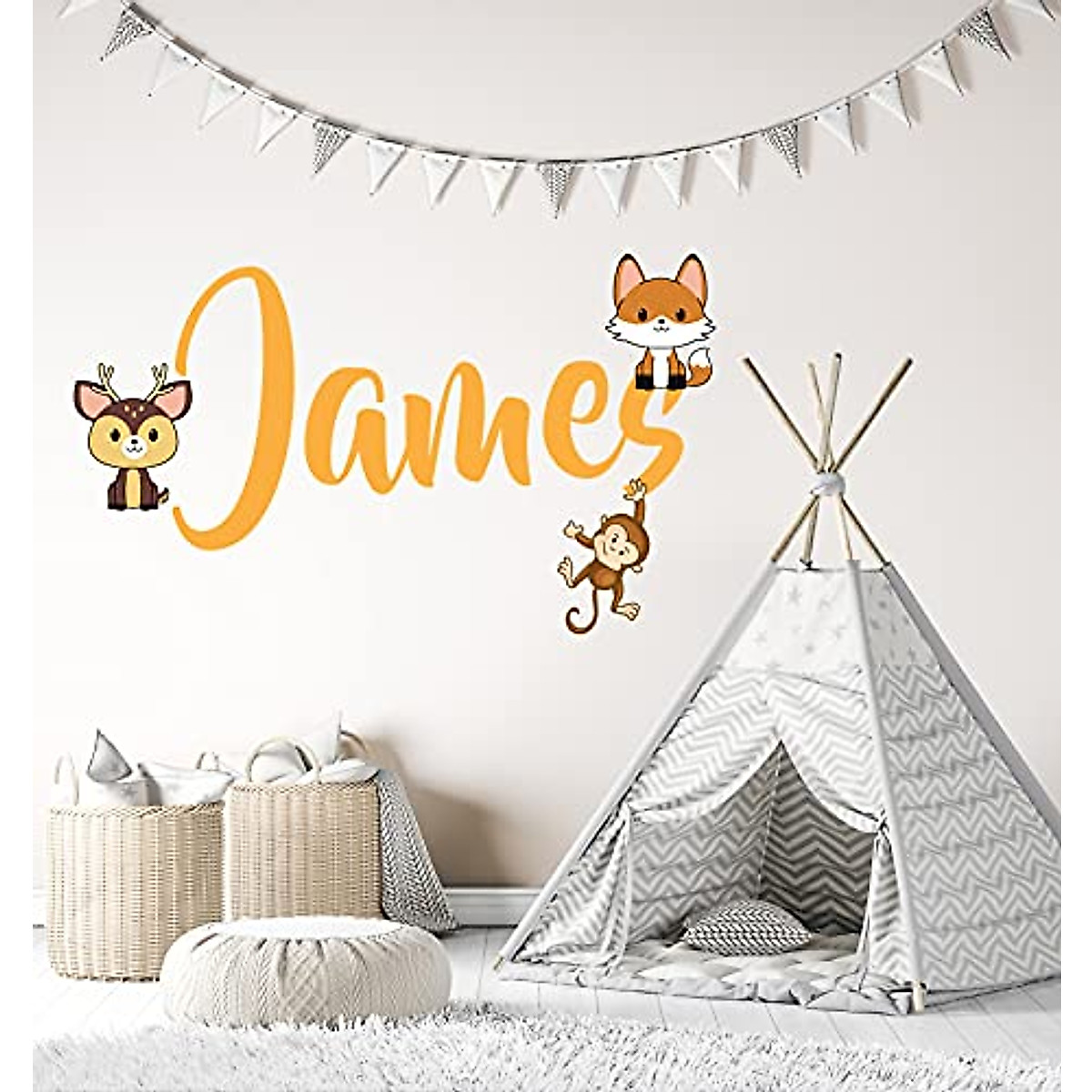 Personalized Boys Name Wall Decal - Boys & Girls Custom Name Wall Decal - Fox Wall Decal -Baby Deer Fox and Monkey Animal Theme - Wall Decal for Nursery Bedroom Decoration (Wide 16"x10" Height)
