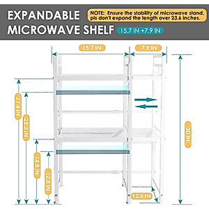 DOLALIKE Microwave Oven Rack, Expandable Microwave Stand Countertop Kitchen Utensils Tableware Storage, Carbon Steel Over Microwave Shelf Countertop 3 Tier with 3 Hooks