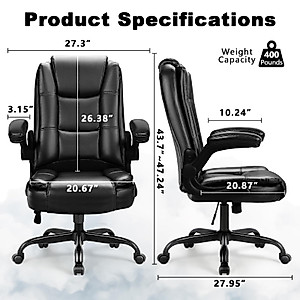OFIKA Big and Tall Office Chair Computer Desk Chair - Ergonomic High Back Lumbar Support Home Office Chair with Padded Flip-up Arms, Adjustable Height Swivel Chair Leather Executive Chair (Black)