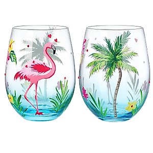 NymphFable Set of 2 Flamingo Stemless Gin Cocktail Glass Tumbler Hand Painted Wine Glass Flamingo Gifts for Women with Gift Box, 18oz