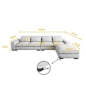 JACH 150in Couch, Feather Filled Wide Reversible Sofa Chaise, L Shaped Sofa Couch Set with Ottoman Modular Sectional Sofa for Living Room, Apartment, Home, Hotel (Light Grey)