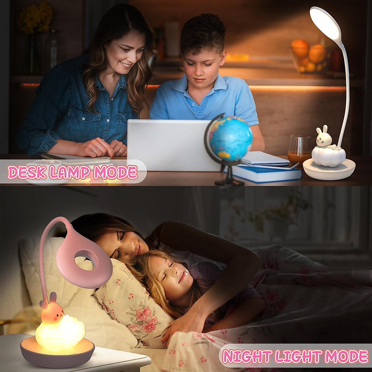 MARZIUS Cute Rabbit Design Dimmable Touch LED Reading Desk Lamp Night Light with 5 Levels Brightness for Boy,Girl Kid Teen (Pink Cloudy Bunny)