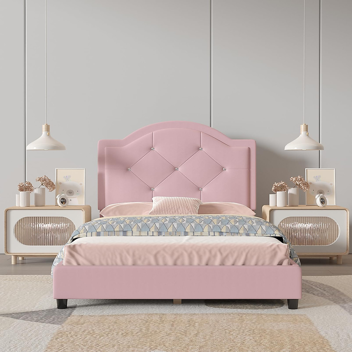 Leather Kids Twin Bed , Crystal Button Adjustable Height Headboard Children's Bed, Wooden Slat Base Toddler Bed ,Upholstered Twin Bed for Kid, Fits Standard Twin Mattress(75"Wx39"D) (Pink)