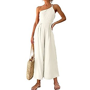 ANRABESS Women's Summer Straps One Shoulder Dressy High Waist Casual Wide Leg Jumpsuit Romper with Pockets 502mibai-L
